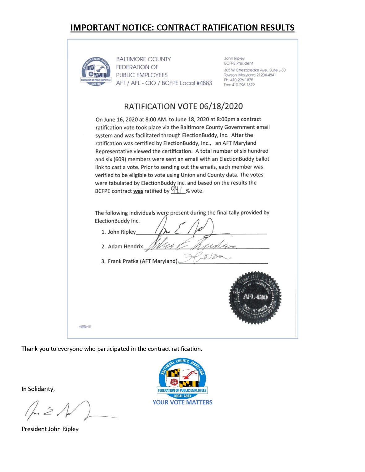 Important Notice: Contract Ratification Results June 2020 | Baltimore ...